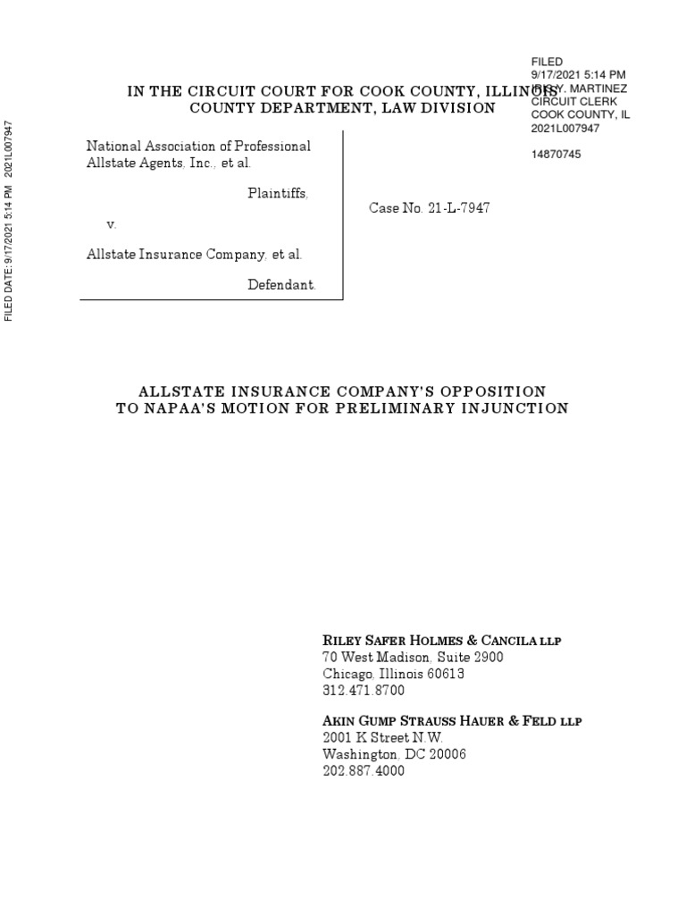 Allstate Opposition To Motion For Preliminary Injunction | PDF ...