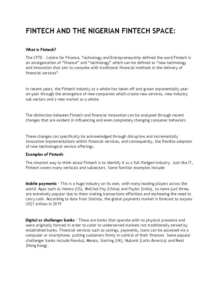 Fintech and The Nigerian Fintech Space | PDF | Finance & Money ...