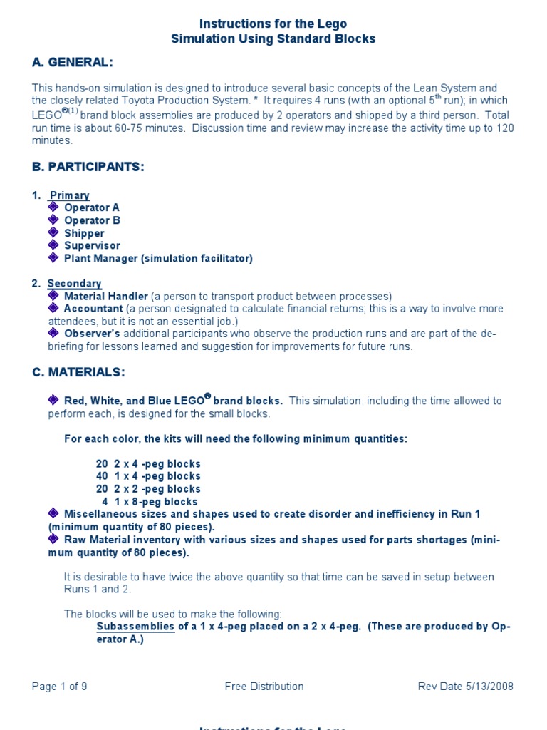 LEGO Simulation Instructions | PDF | Inventory | Lean Manufacturing