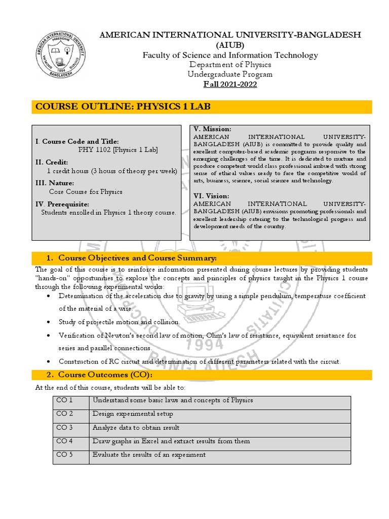AIUB Physics 1 Lab Course Outline | PDF | Electrical Resistance And ...