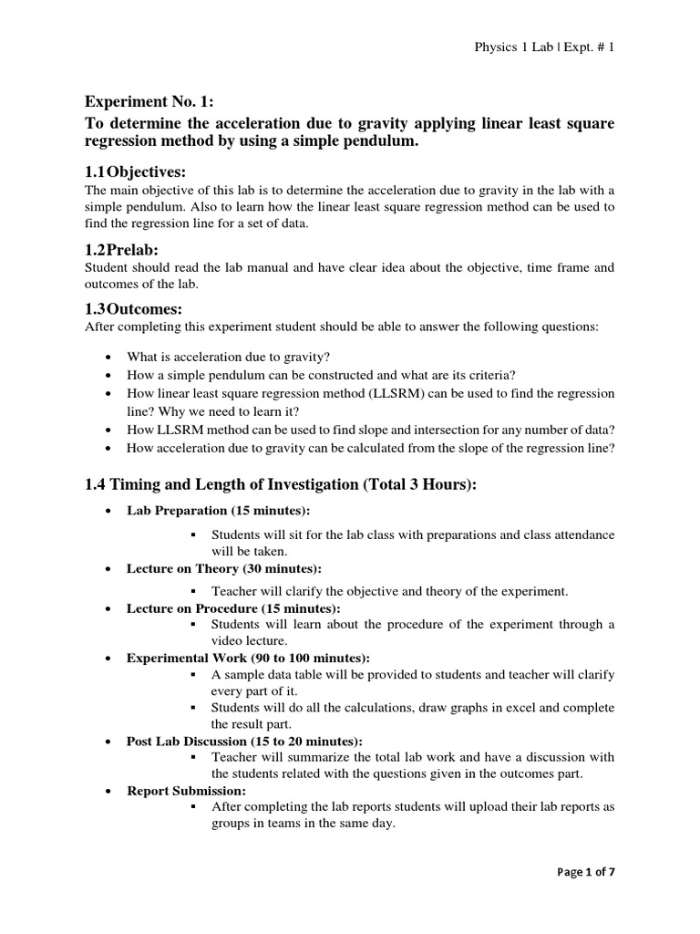 Lab Manual Phy1Lab Expt. 1 | PDF | Regression Analysis | Pendulum