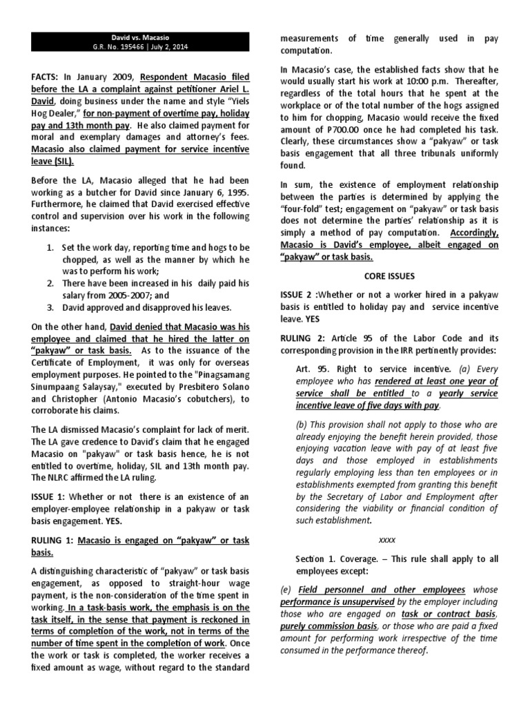 G.R. No. 195466 - July 2, 2014: David vs. Macasio | PDF | Employment ...