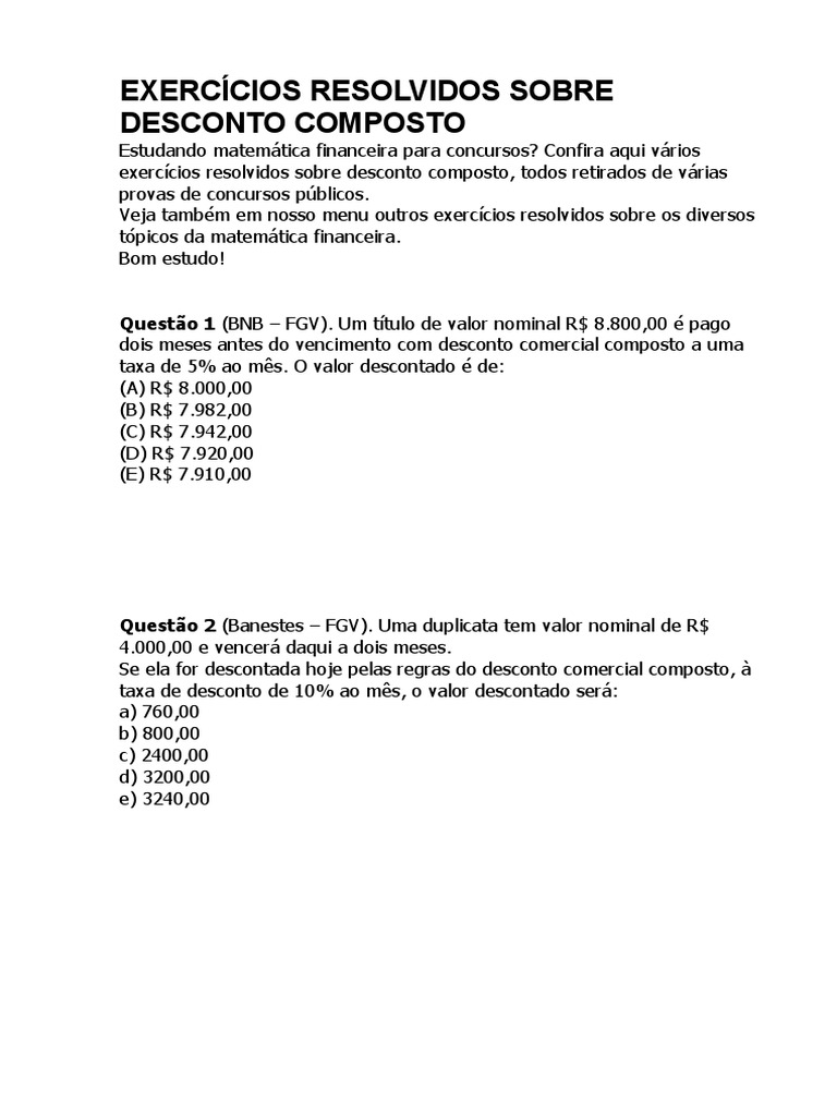 Exercícios Resolvidos Sobre Desconto Composto | PDF | Desconto | Factoring (fomento mercantil ou ...