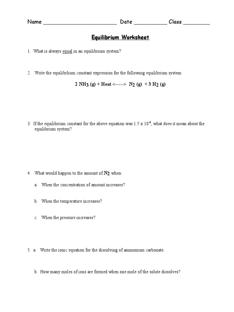 Name - Date - Class - : Equilibrium Worksheet | PDF | Teaching Methods ...