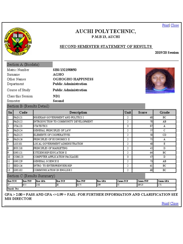 Auchi Polytechnic,: Second Semester Statement of Results | PDF | Academia