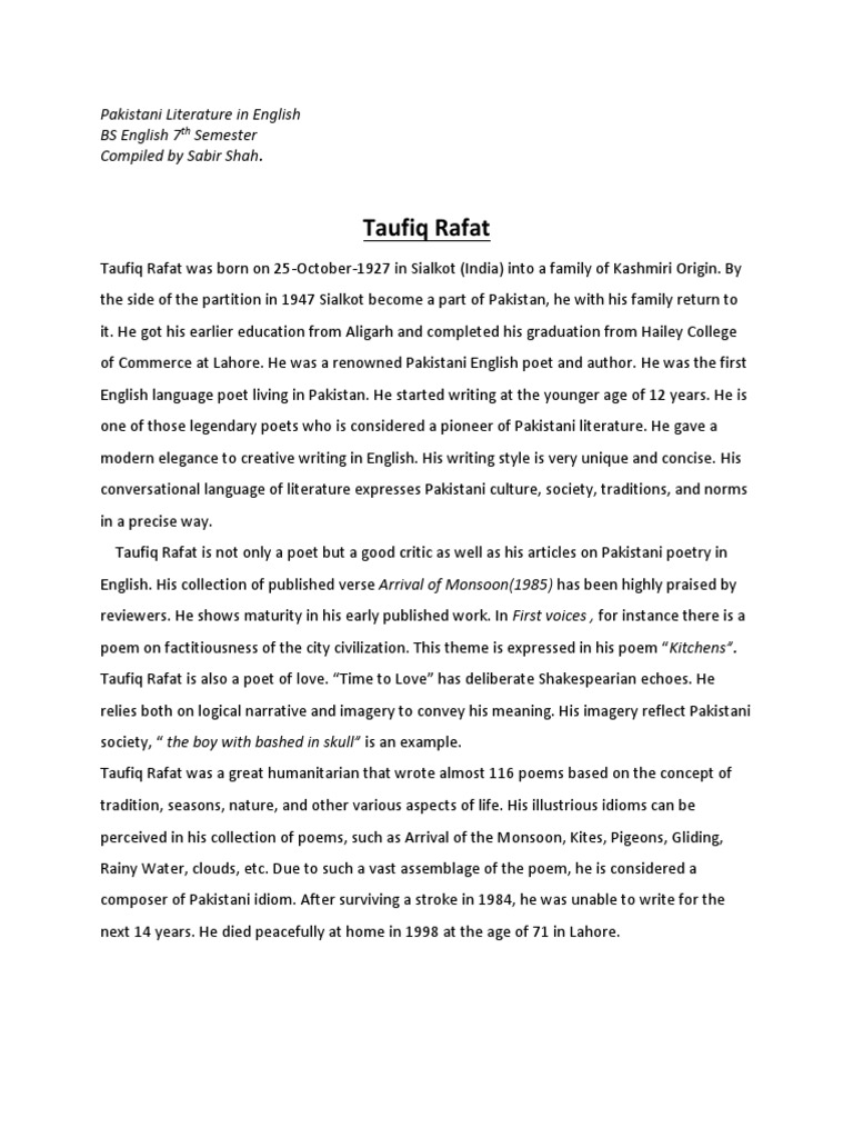 Taufiq Rafat The Arrival Of Monsoon Pdf Poetry Pakistan