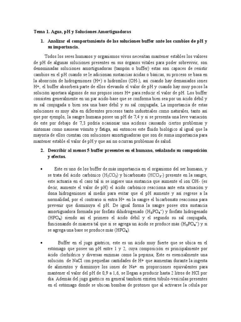 Tema 1 Agua PH y Soluciones Amortiguadoras | PDF | Solución tampón | Ph