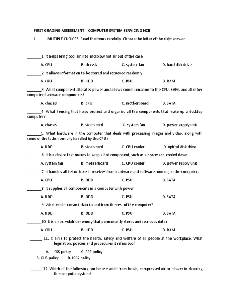First Grading Assessment - CSS Ncii | PDF | Booting | Bios