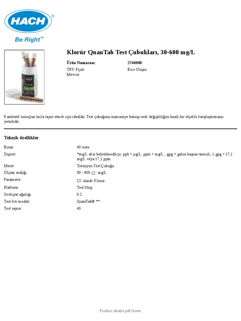 Klorür Quantab Test Çubukları, 30-600 MG/L | PDF