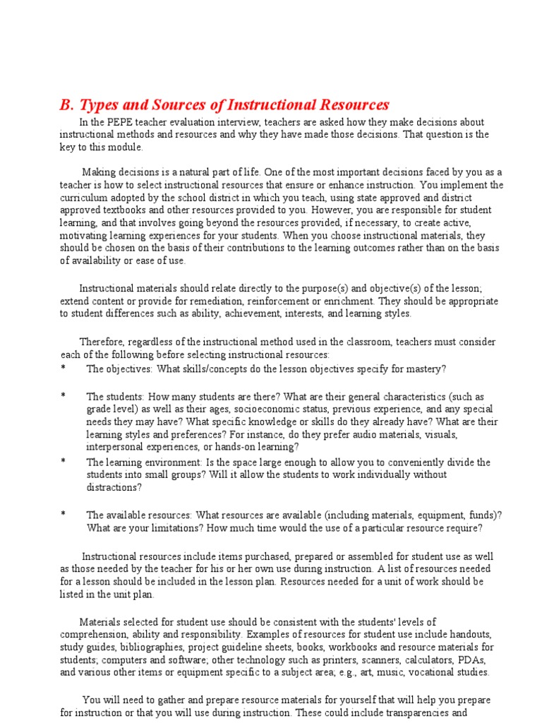 B. Types and Sources of Instructional Resources | PDF | Educational ...