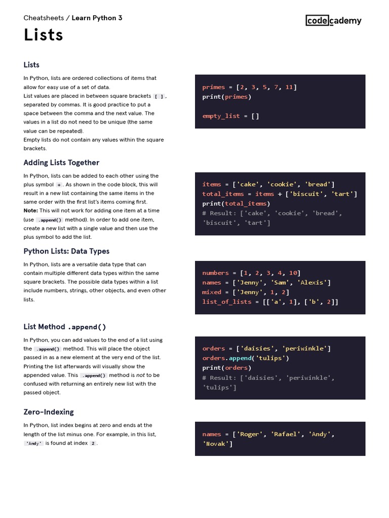 Learn Python 3 Lists Cheatsheet Pdf Computer Programming Theoretical Computer Science 