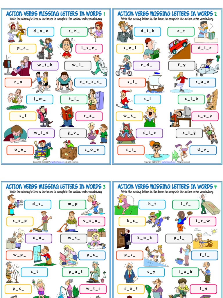 Action Verbs Vocabulary Esl Missing Letters in Words Worksheets For ...