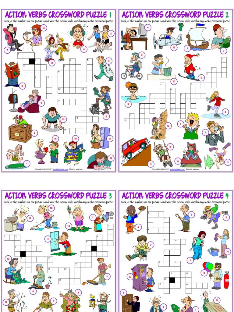 Action Verbs Vocabulary Esl Crossword Puzzle Worksheets For Kids | PDF ...