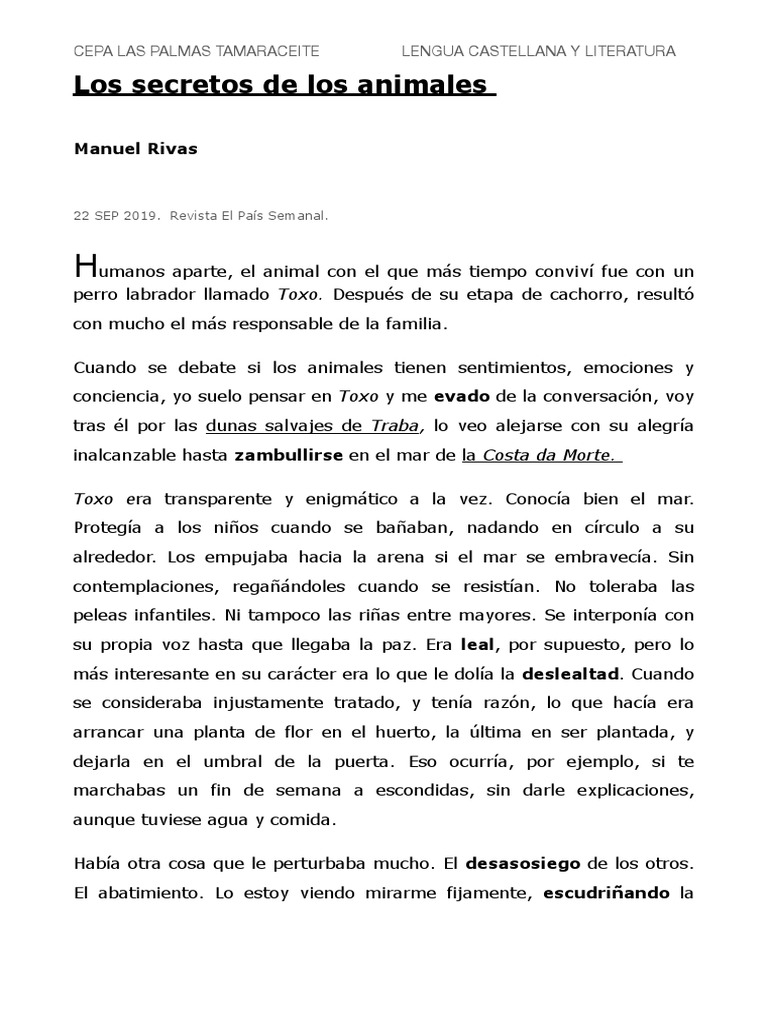 Lectura Con Actividades LOS SECRETOS DE LOS ANIMALES. | PDF