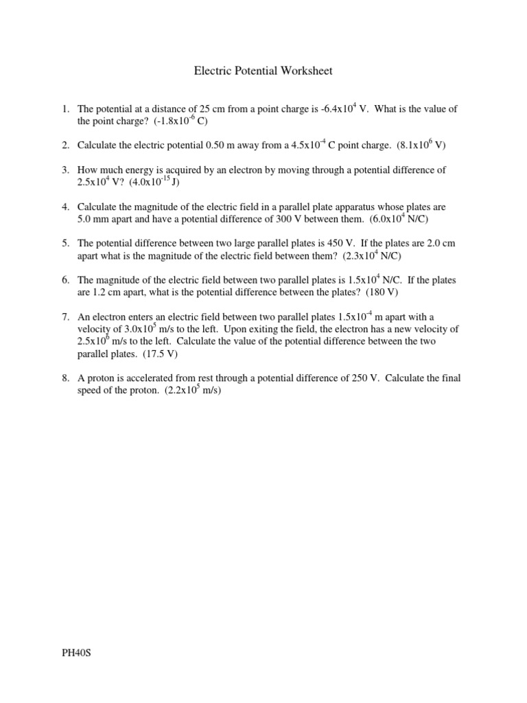 Electric Potential Worksheet | PDF