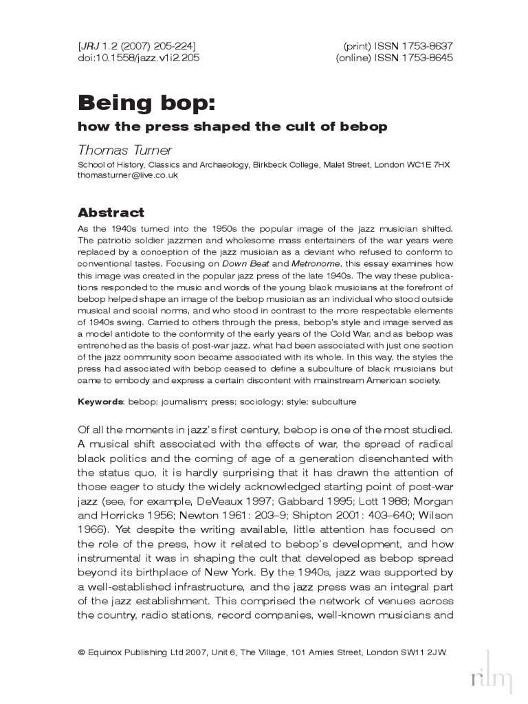Being Bop-How The Press Shaped The Cult of Bebop | PDF | Jazz