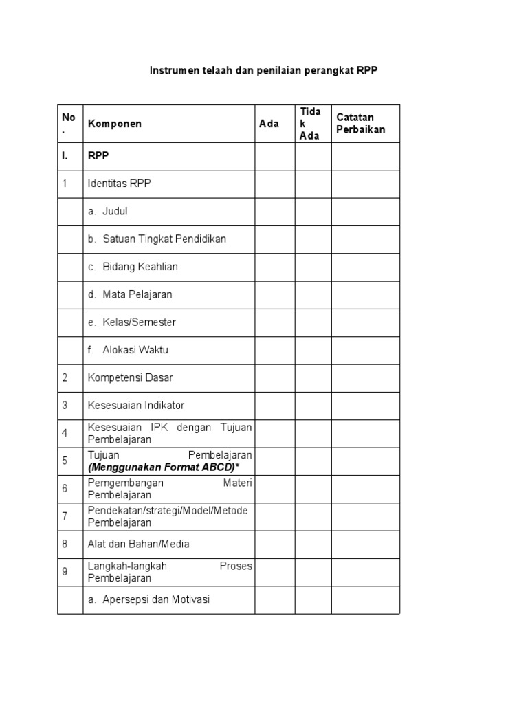 Instrumen Telaah Dan Penilaian Perangkat RPP | PDF