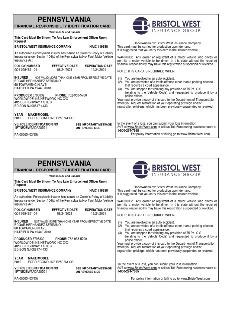 Pennsylvania: Financial Responsibilty Identification Card | PDF ...