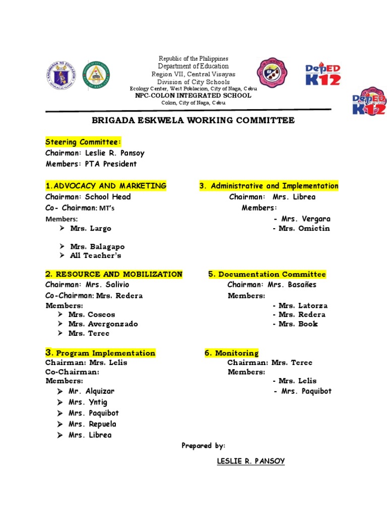 Brigada Eskwela Working Committee | PDF | Language Arts & Discipline ...