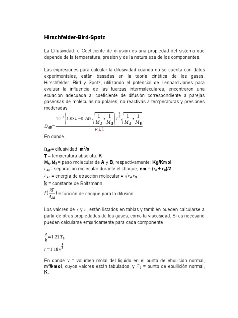 Ecuación de Difusividad Hirschfelder | PDF | Gases | Cantidades fisicas