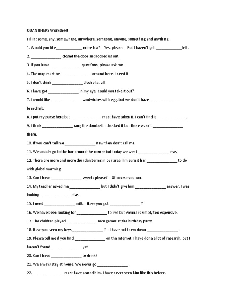 Quantifiers Worksheet QUANTIFIERS Worksheets