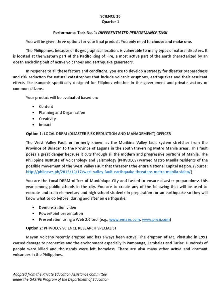 Science 10 Quarter 1 Performance Task No. 1: Differentiated Performance ...