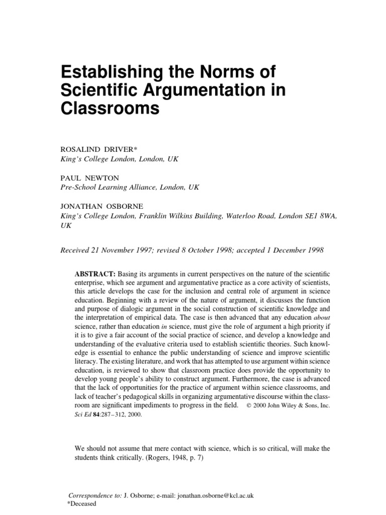 Establishing The Norms of Scientific Argumentation in Classrooms | PDF ...