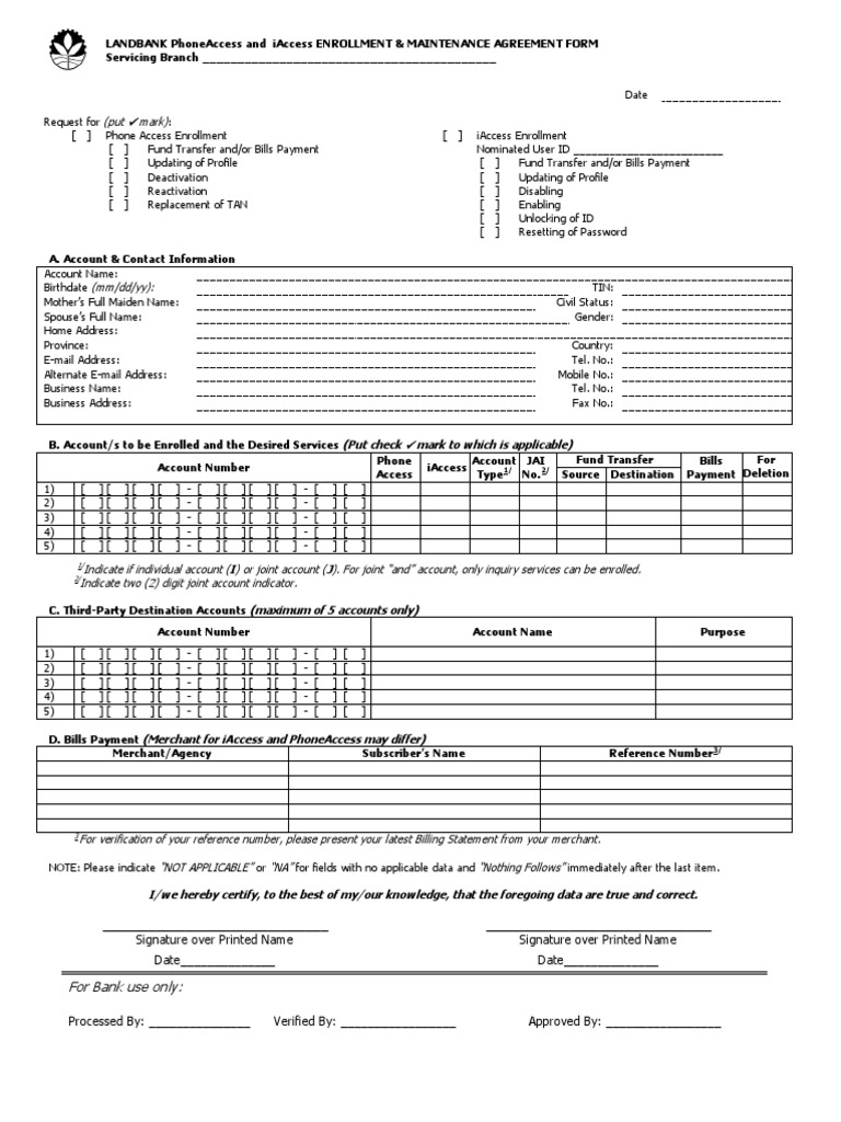 Landbank IAccess Enrollment Form | PDF | Cheque | Authentication