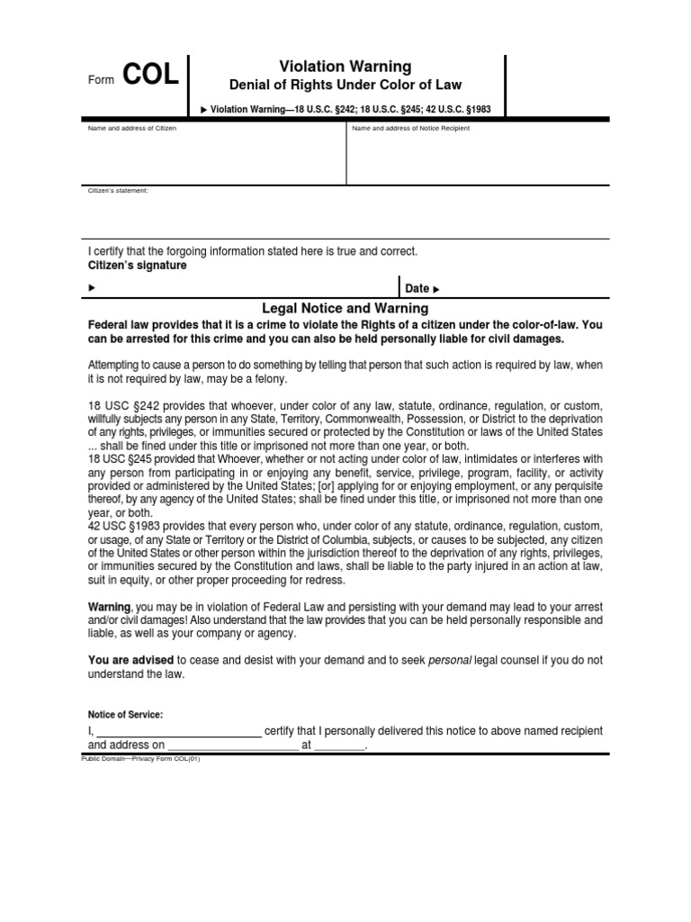 Form COL | PDF | Title 18 Of The United States Code | Enforcement Act ...