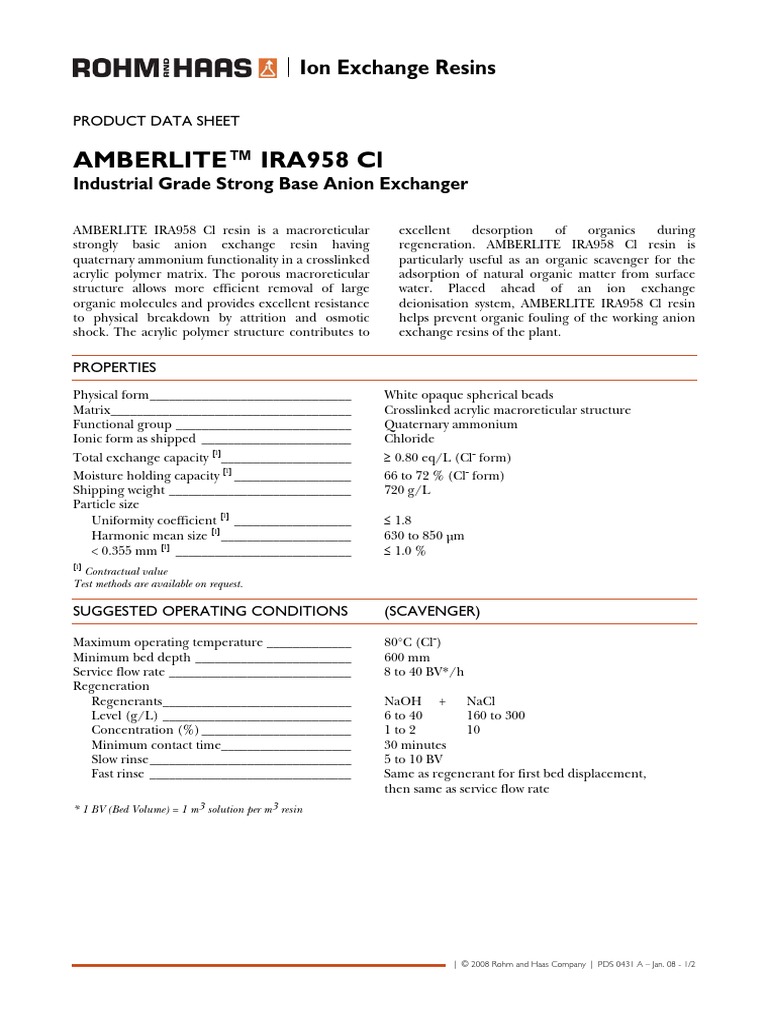 Amberlite™ Ira958 CL: Ion Exchange Resins | PDF | Ion Exchange | Chloride