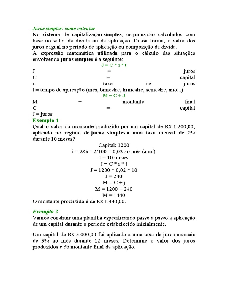 Cálculo de juros simples: exemplos e fórmula | PDF | Juros | Passivo ...