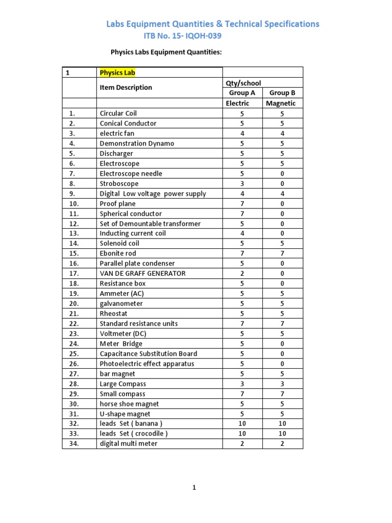 Labs Specs and Equipment | PDF | Optics | Inductor