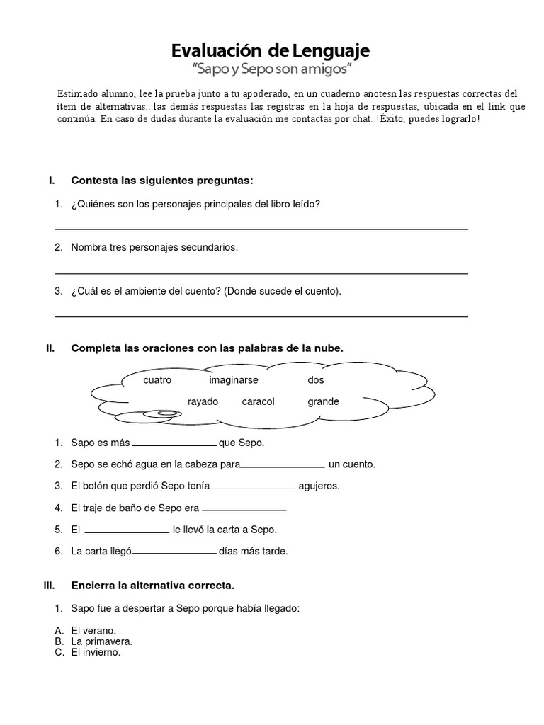 Evaluación: Sapo y Sepo, amigos inseparables | PDF