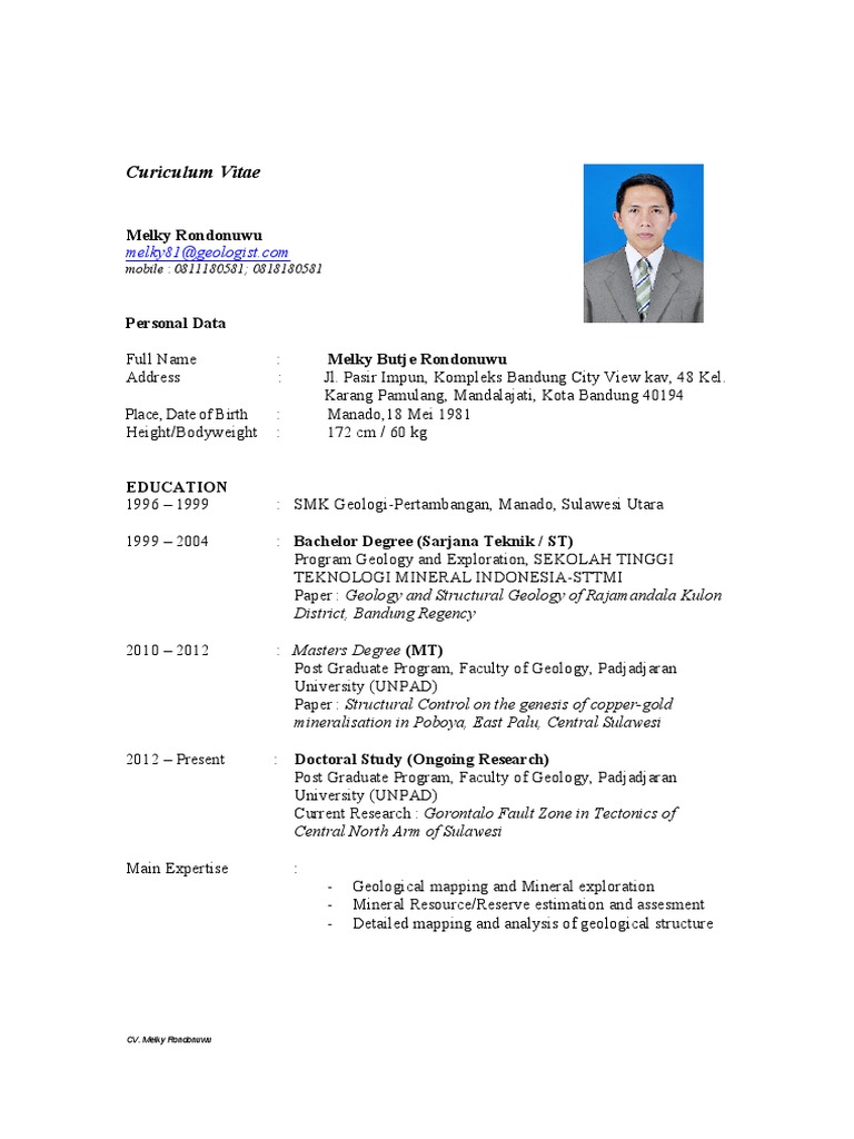 Geologist Melky Rondonuwu CV | PDF | Geology | Earth Sciences