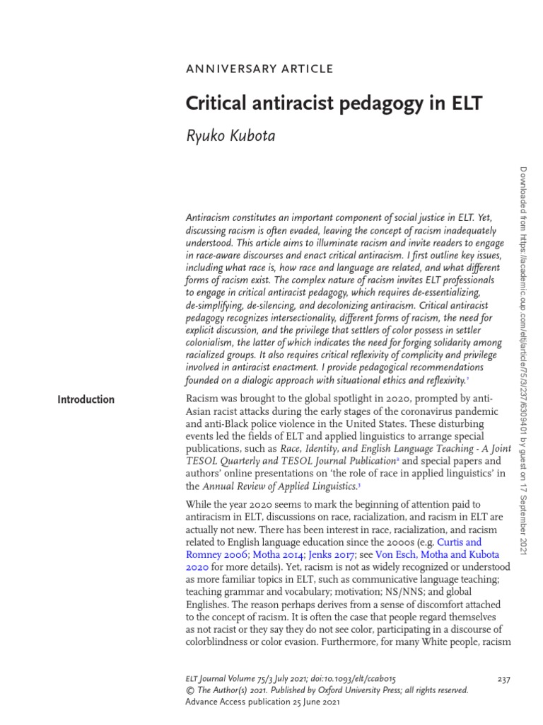 Critical Antiracist Pedagogy in ELT | PDF | Discrimination & Race ...