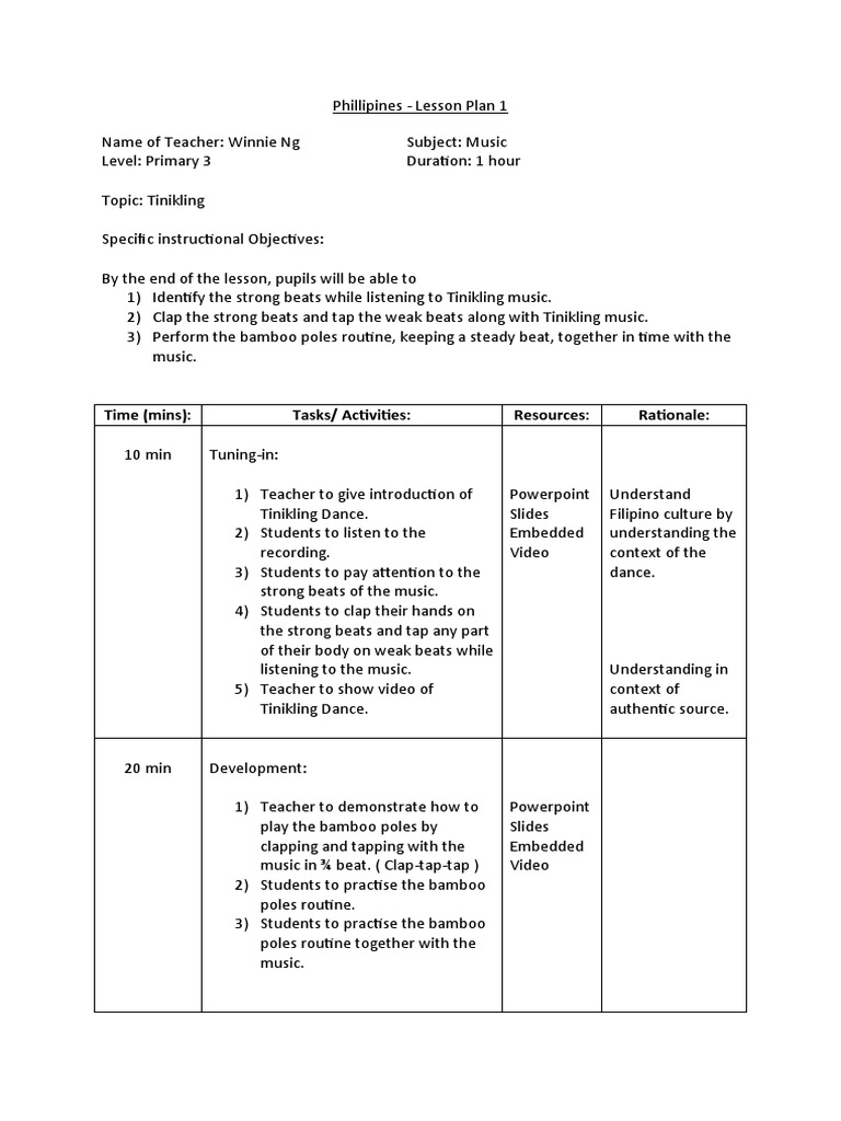 Tinikling Dance Lesson Plan for Kids | PDF | Dances | Performing Arts