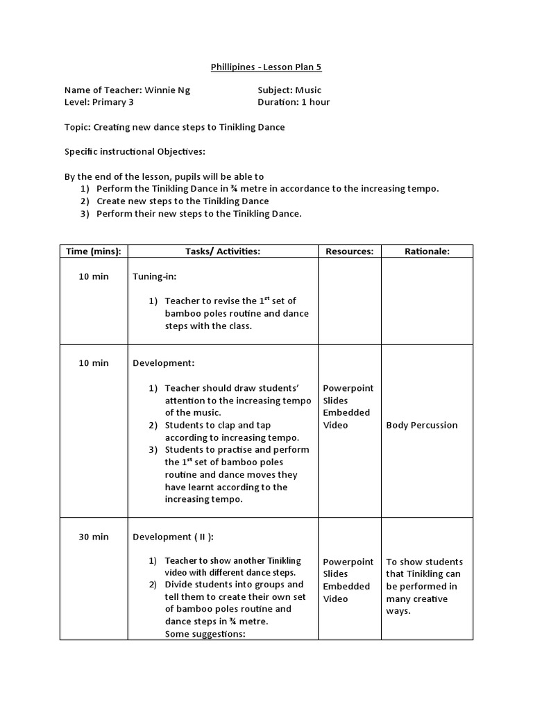 Tinikling Dance Lesson Plan for Kids | PDF | Lesson Plan | Dances