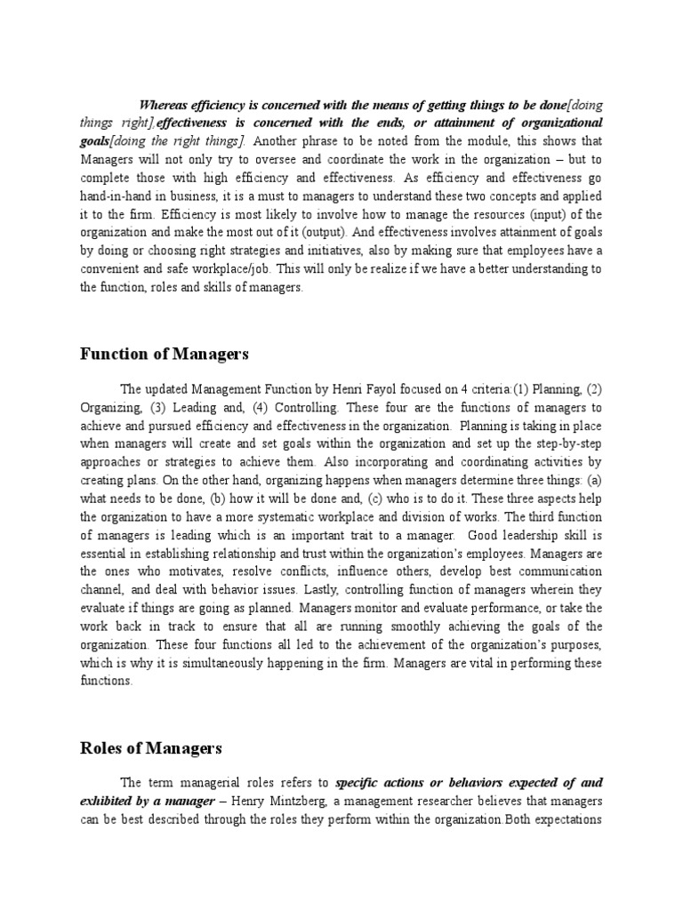 Functions, Roles and Skills of Managers | PDF | Leadership | Goal