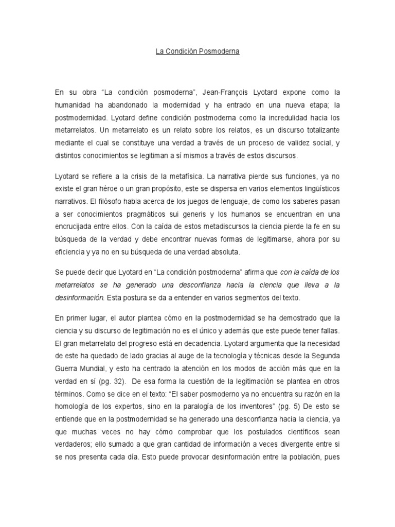 La Condición Postmoderna | PDF | Jean François Lyotard | Verdad