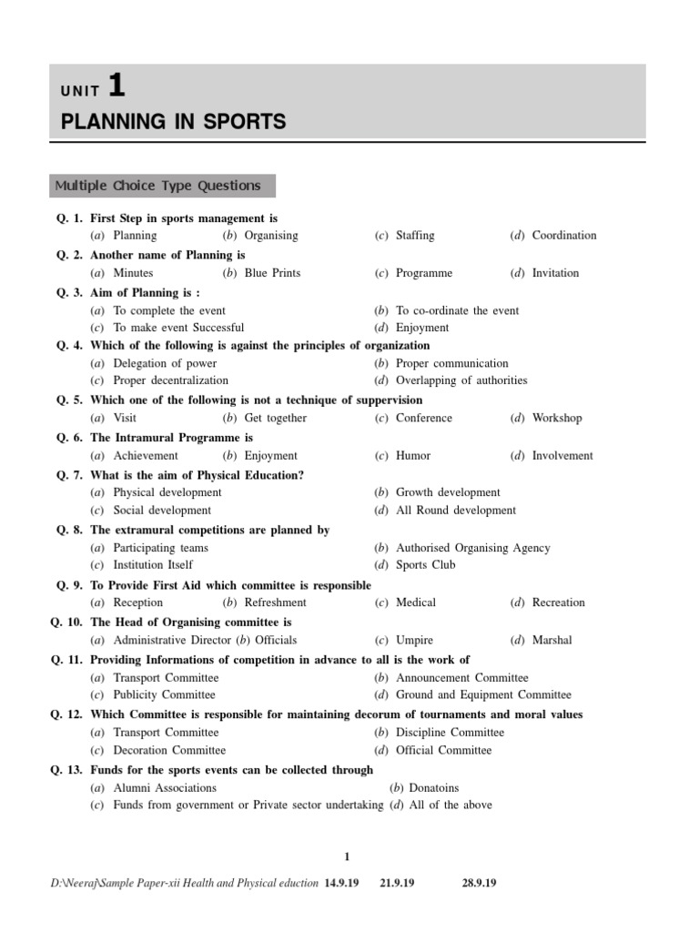 Planning in Sports: Multiple Choice Type Questions | PDF | Nutrients ...