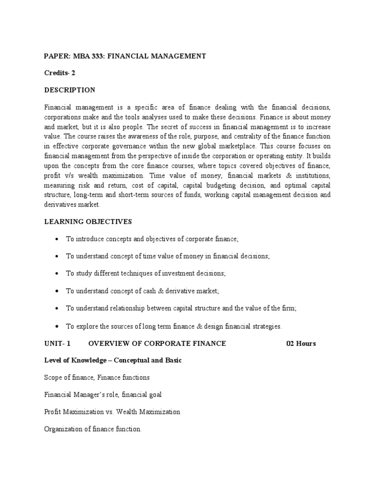 Paper: Mba 333: Financial Management Credits-2 Description | PDF | Cost ...