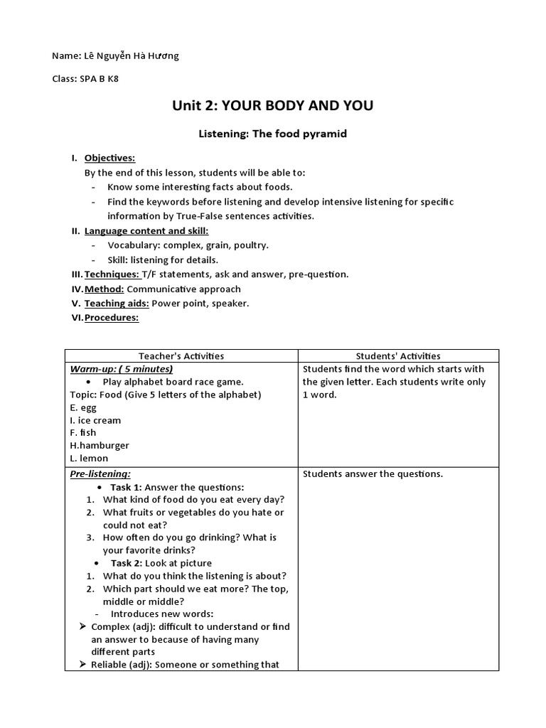 Lesson Plan Unit 2-Listening | PDF | Healthy Diet | Foods