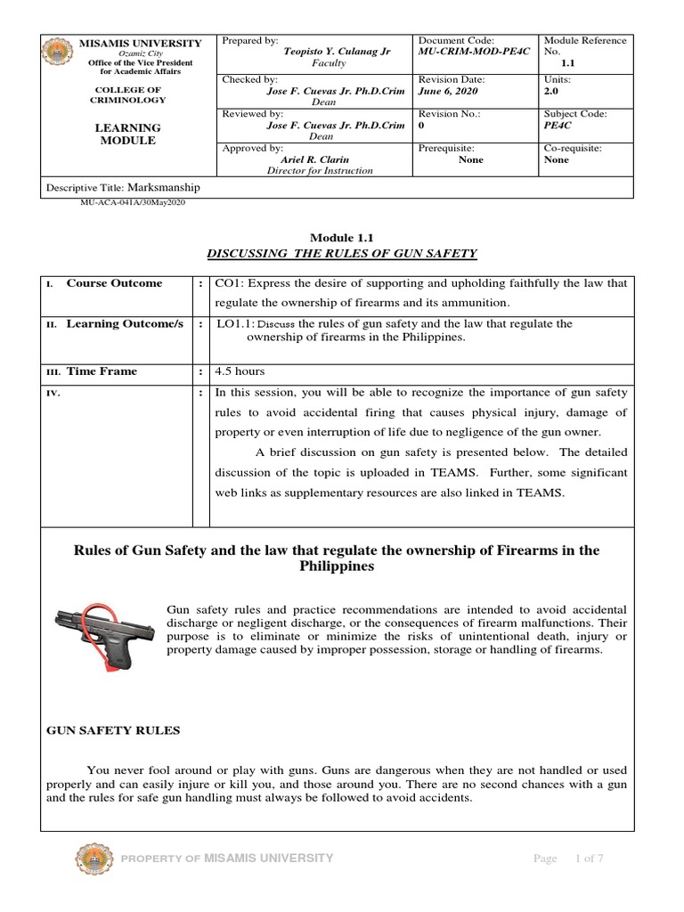Module 1.1 Rules of Gun Safety | PDF | Firearms | Cartridge (Firearms)