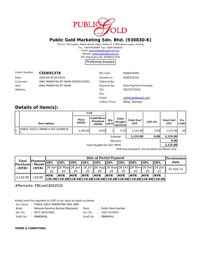 Proforma Invoice for 4.25g Gold Purchase | PDF | Stocks | Payments