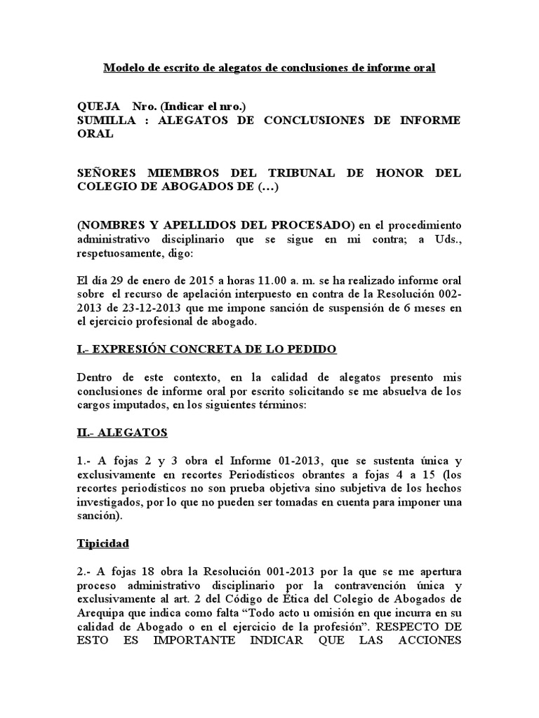 Modelo de Escrito de Alegatos de Conclusiones de Informe Oral | PDF | Justicia | Crimen y violencia
