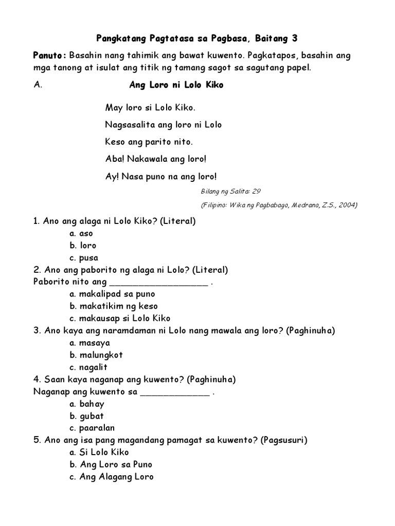 Phil IRI 2021 - Pangkatang Pagtatasa Sa Pagbasa Grade 3 | PDF