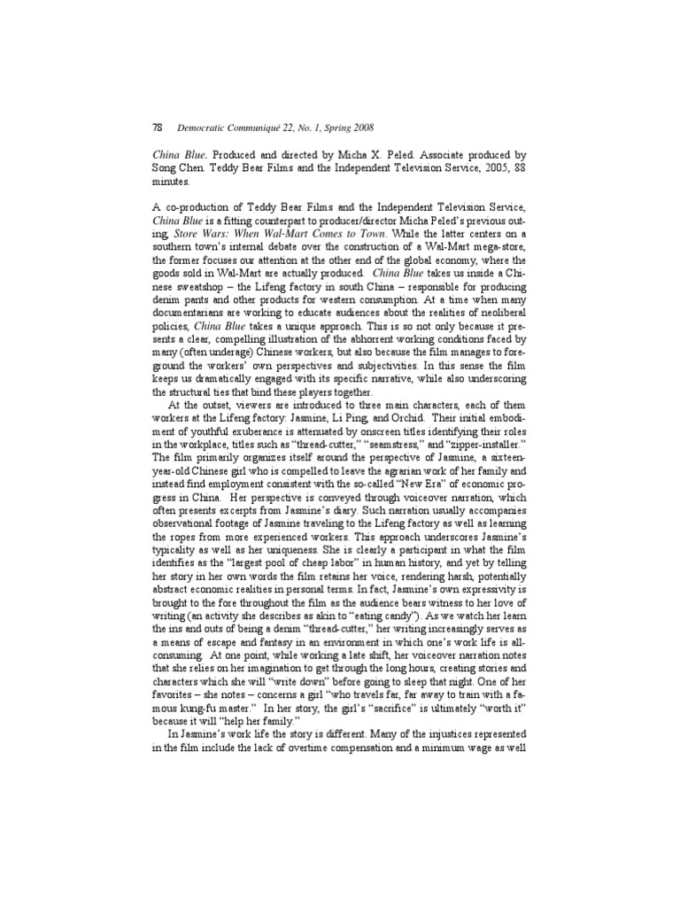 Film Review of China Blue | PDF | Narration | Economies