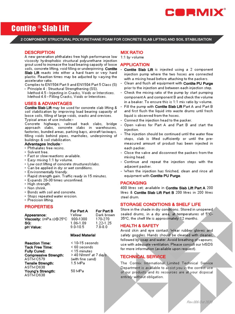 Contite Slab Lift: Description Mix Ratio Application | PDF | Concrete ...