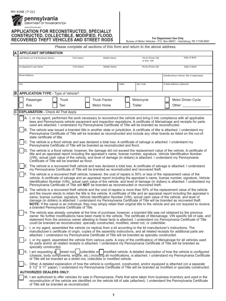 Application for Reconstructed Vehicles | PDF | Land Vehicles | Vehicle ...