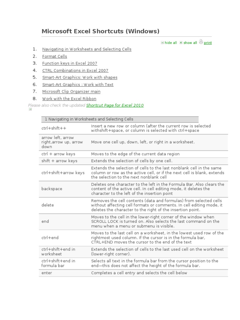 Microsoft Excel 2007 Short Cuts | PDF | Microsoft Excel | Human–Computer Interaction
